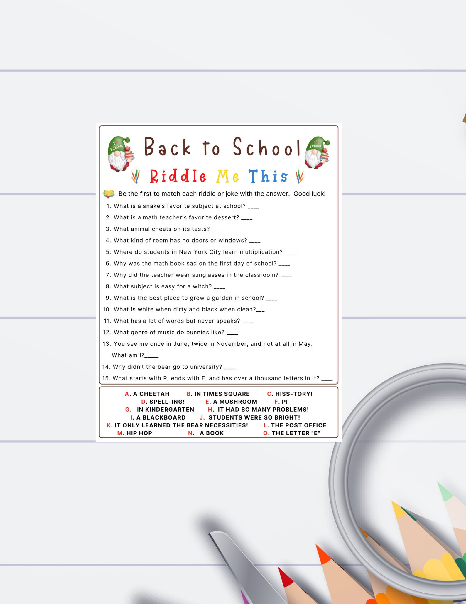 Back to School Riddle Me This Game Classroom Activity Popular Game for ...