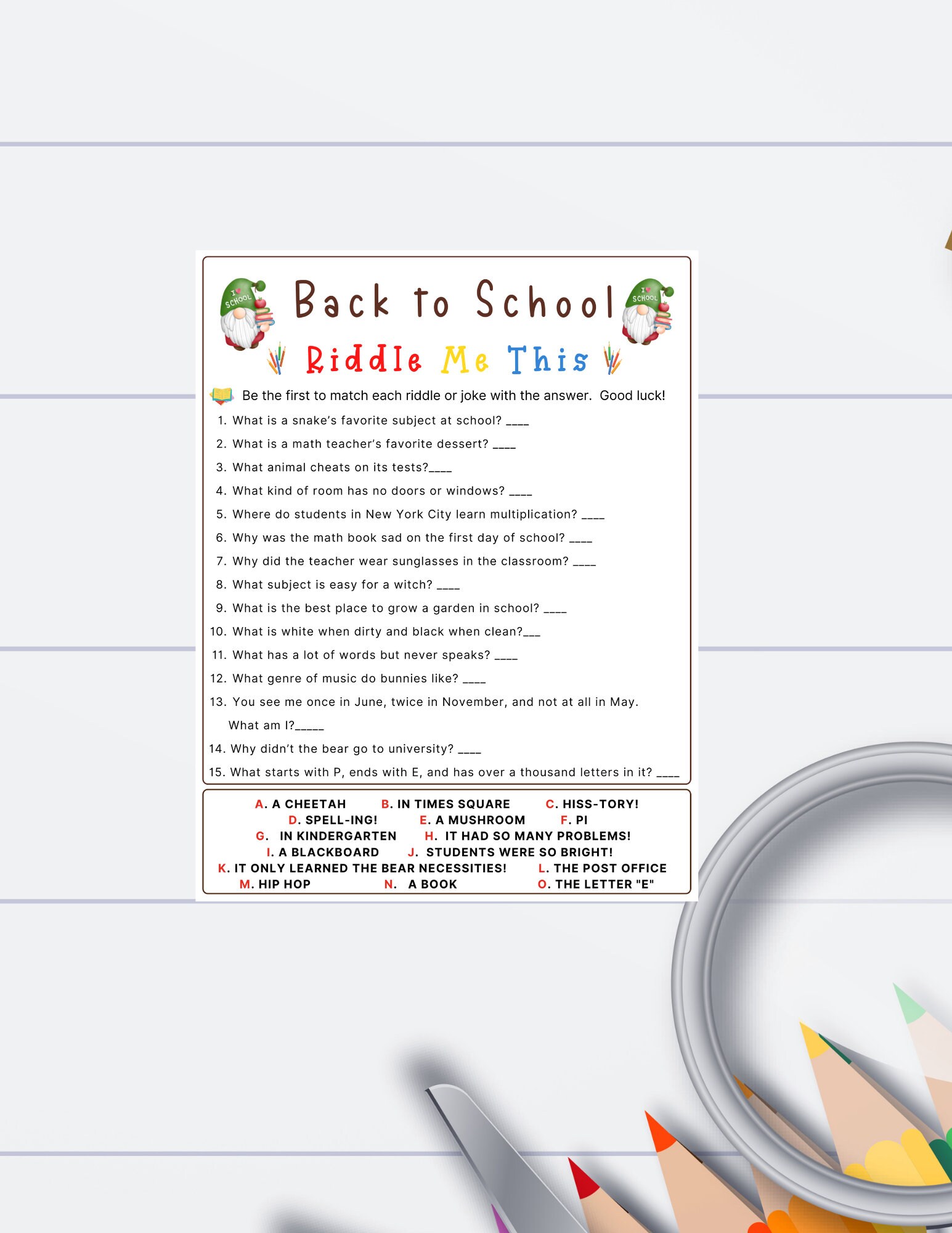 Back to School Riddle Me This Game Classroom Activity Popular Game for ...