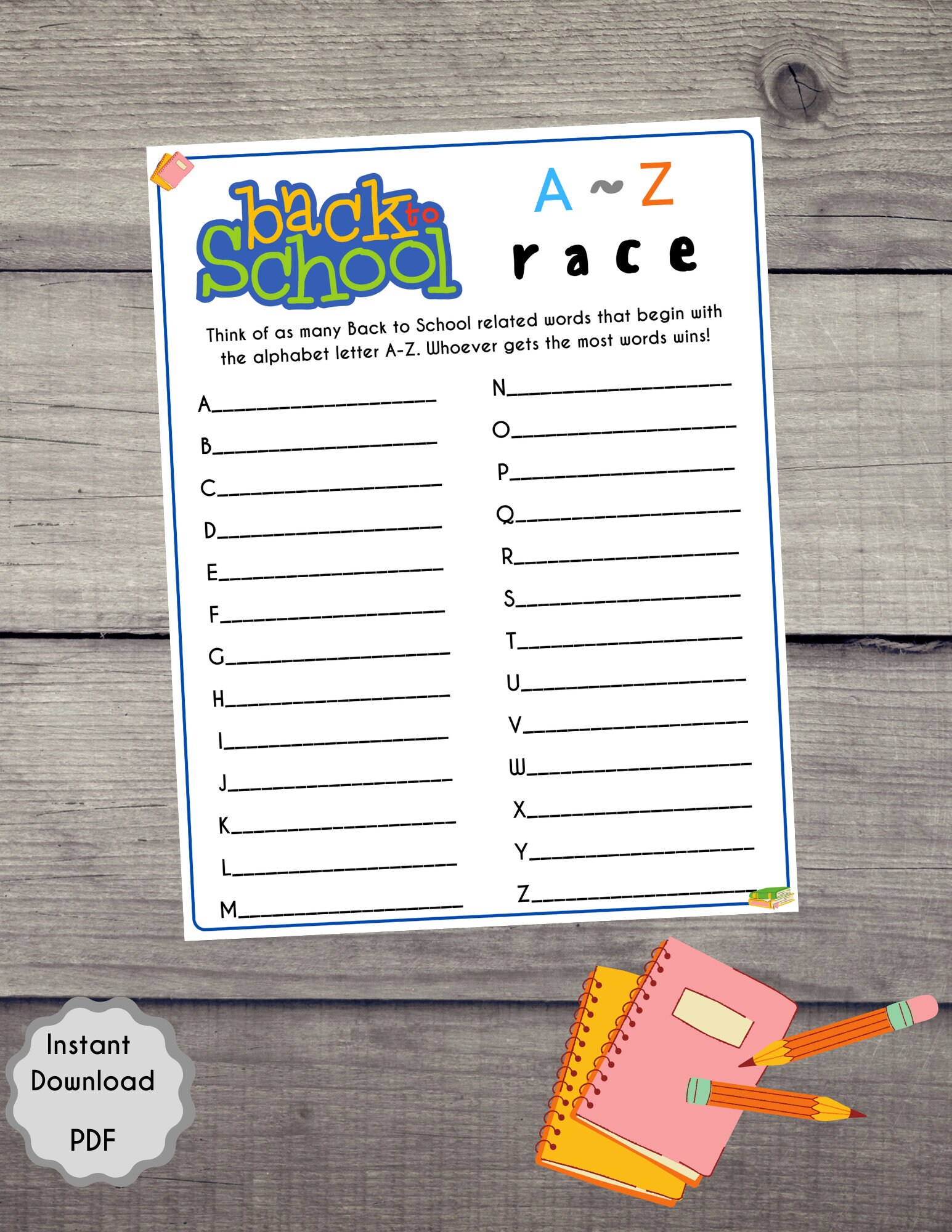 Back to School A to Z Race Printable Game Classroom Activity Game for ...