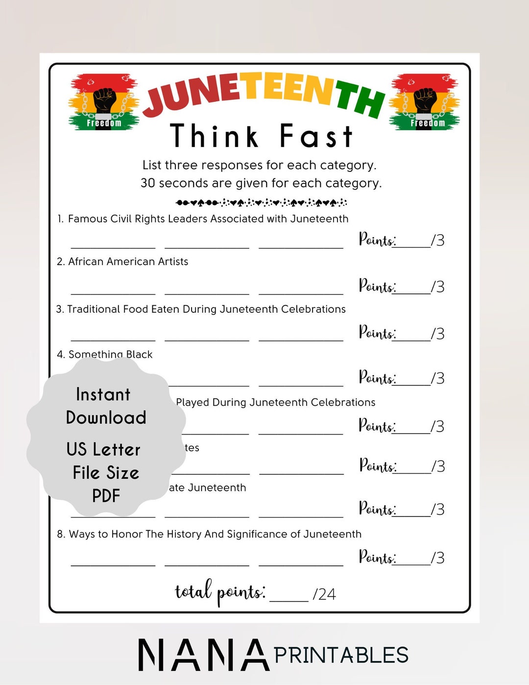 Juneteenth Think Fast Game, Fun Educational Game Kids, Black History ...