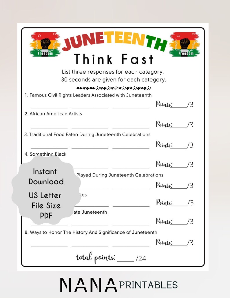 Juneteenth Think Fast Game, Fun Educational Game Kids, Black History ...