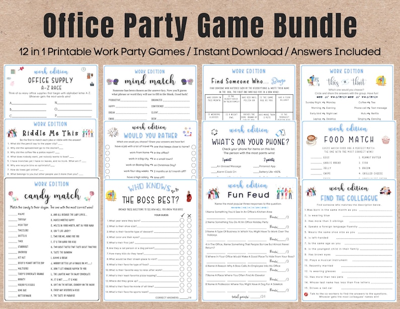 12 Office Party Printable Game Bundle Coworker Staff Game Fun Work ...