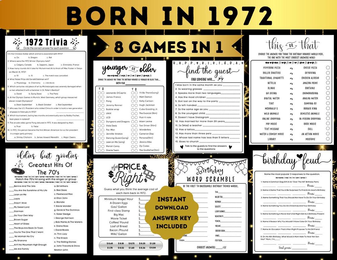 52nd Birthday Games Bundle Printable 1972 Games 52nd Party Activities ...