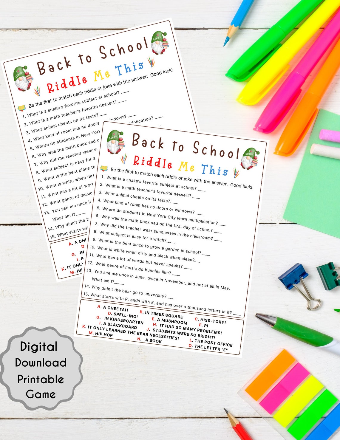 Back to School Riddle Me This Game Classroom Activity - Etsy