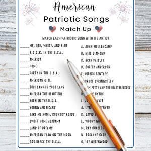 Fourth of July American Patriotic Songs Match Game | Independence Day ...