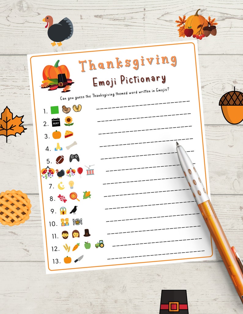 Thanksgiving Emoji Pictionary Game, Turkey Day, Printable Game ...