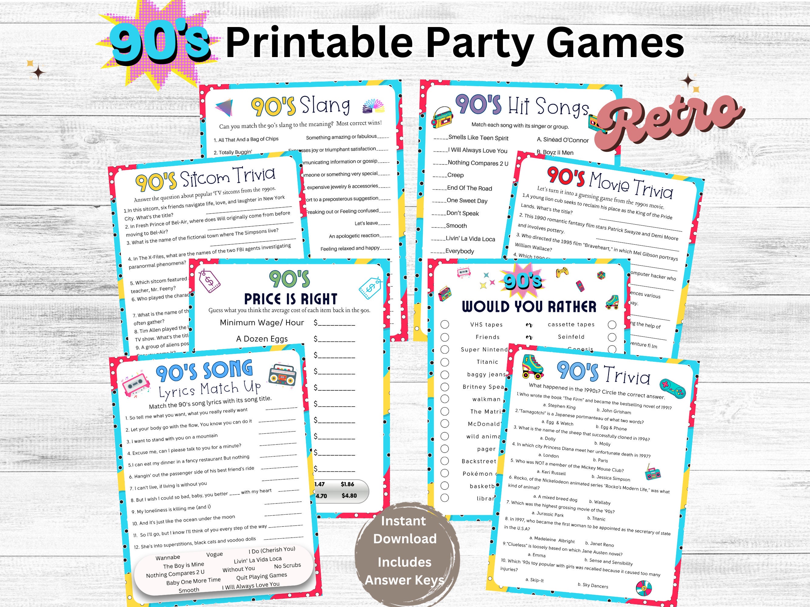 90s Party Games Printable, 1990s Theme Party Games, 90s Music Movie ...