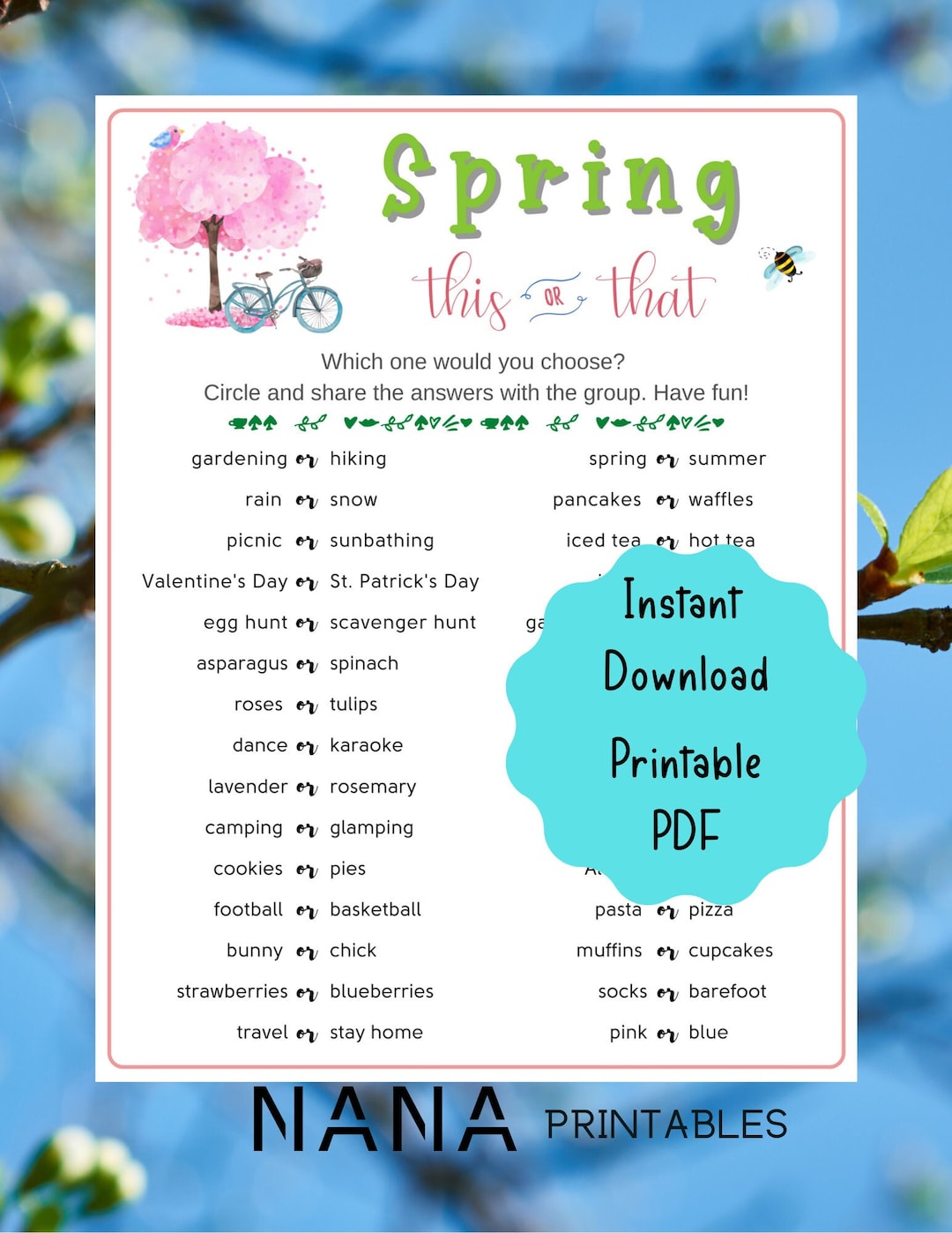 Spring This or That Game: Fun Printable Party Activity (PDF) - Etsy
