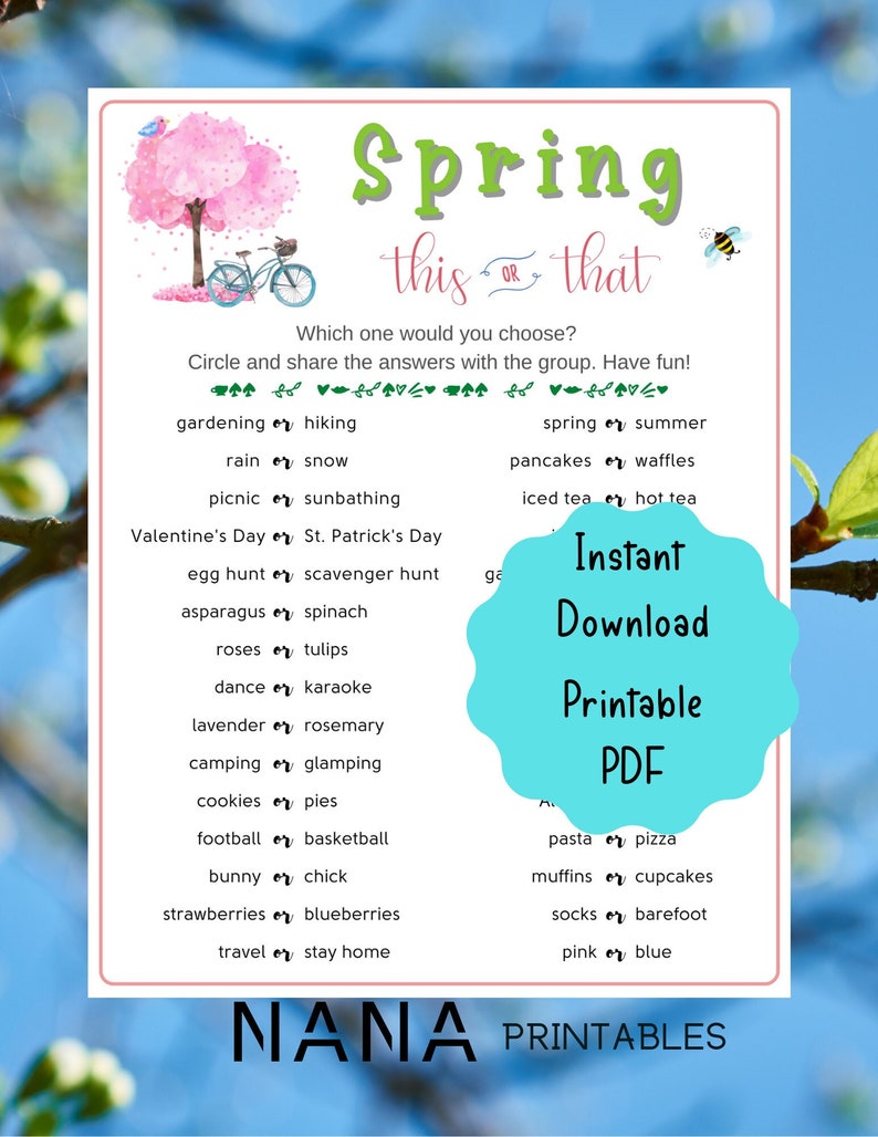 Spring This or That Printable Game Fun Spring Party Game - Etsy