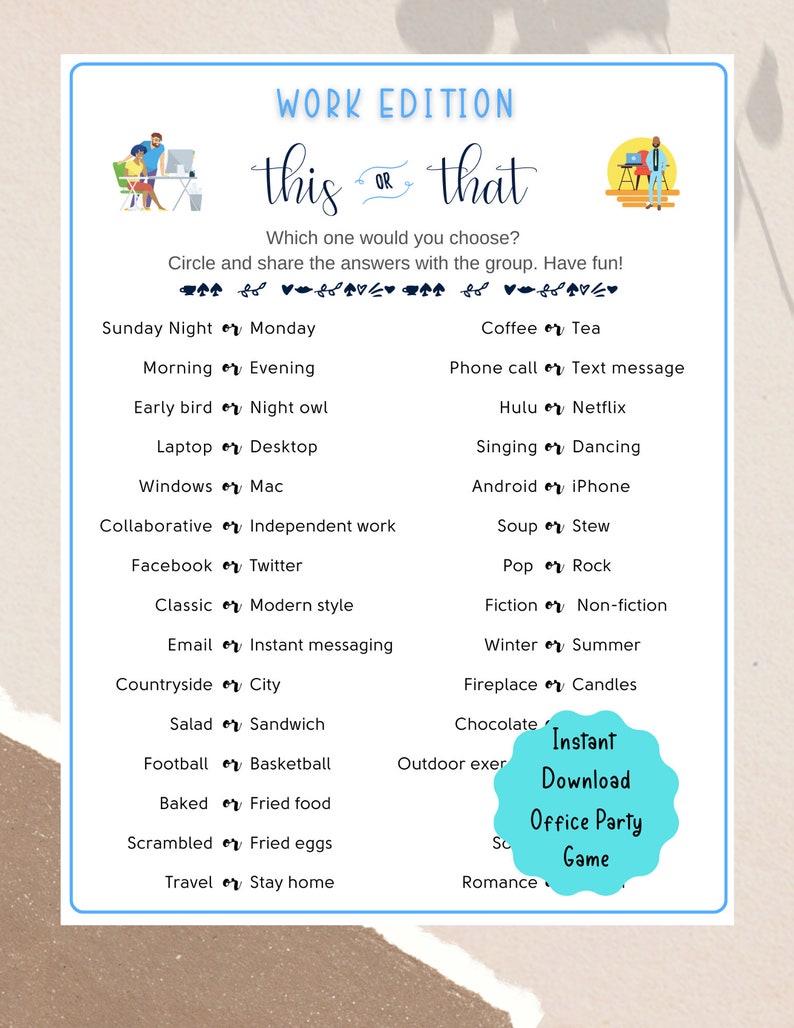 Office Party Printable This or That Game Coworker Staff Game Fun Work ...