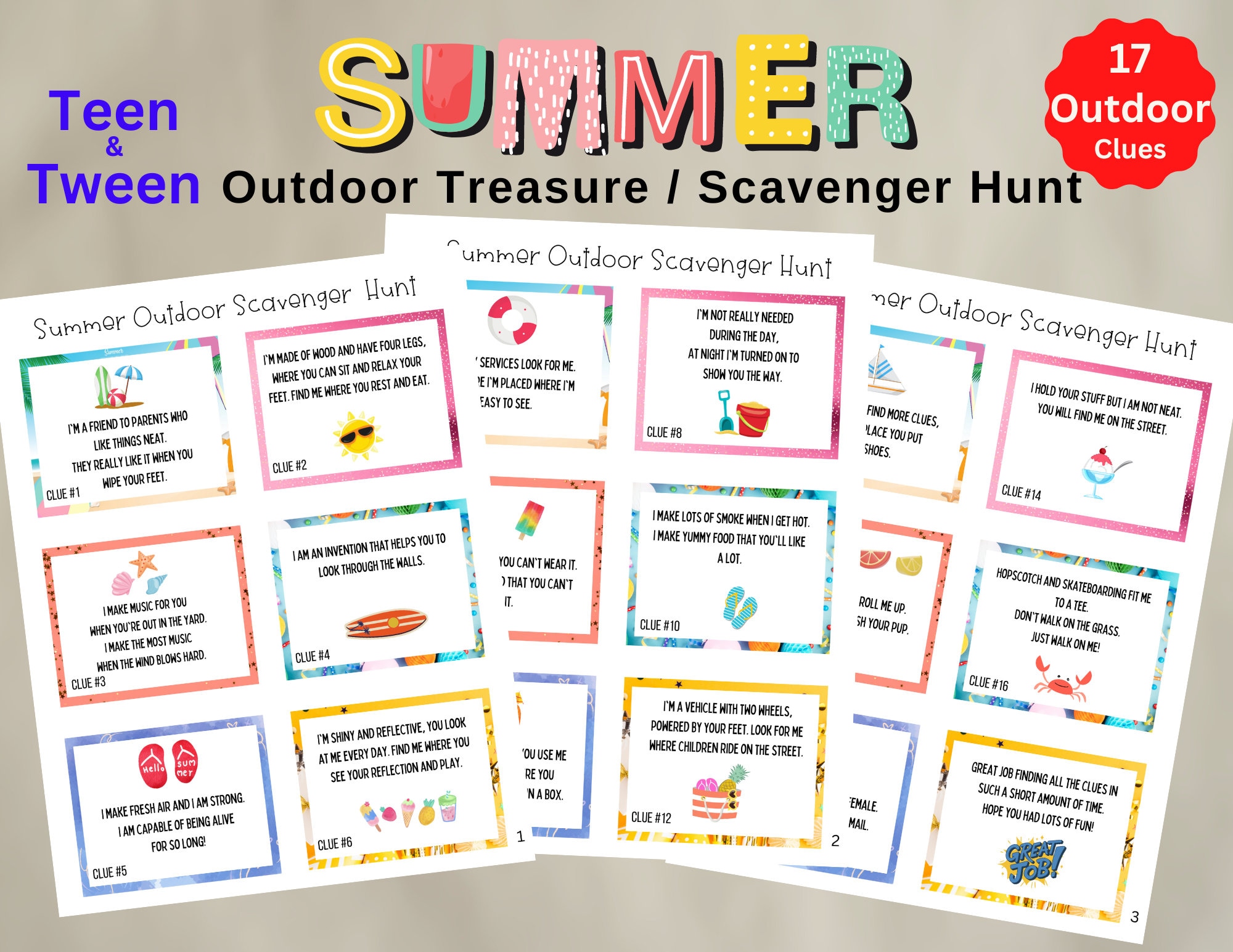 Outdoor Summer Fun Scavenger Treasure Hunt for Kids, Printable Indoor ...