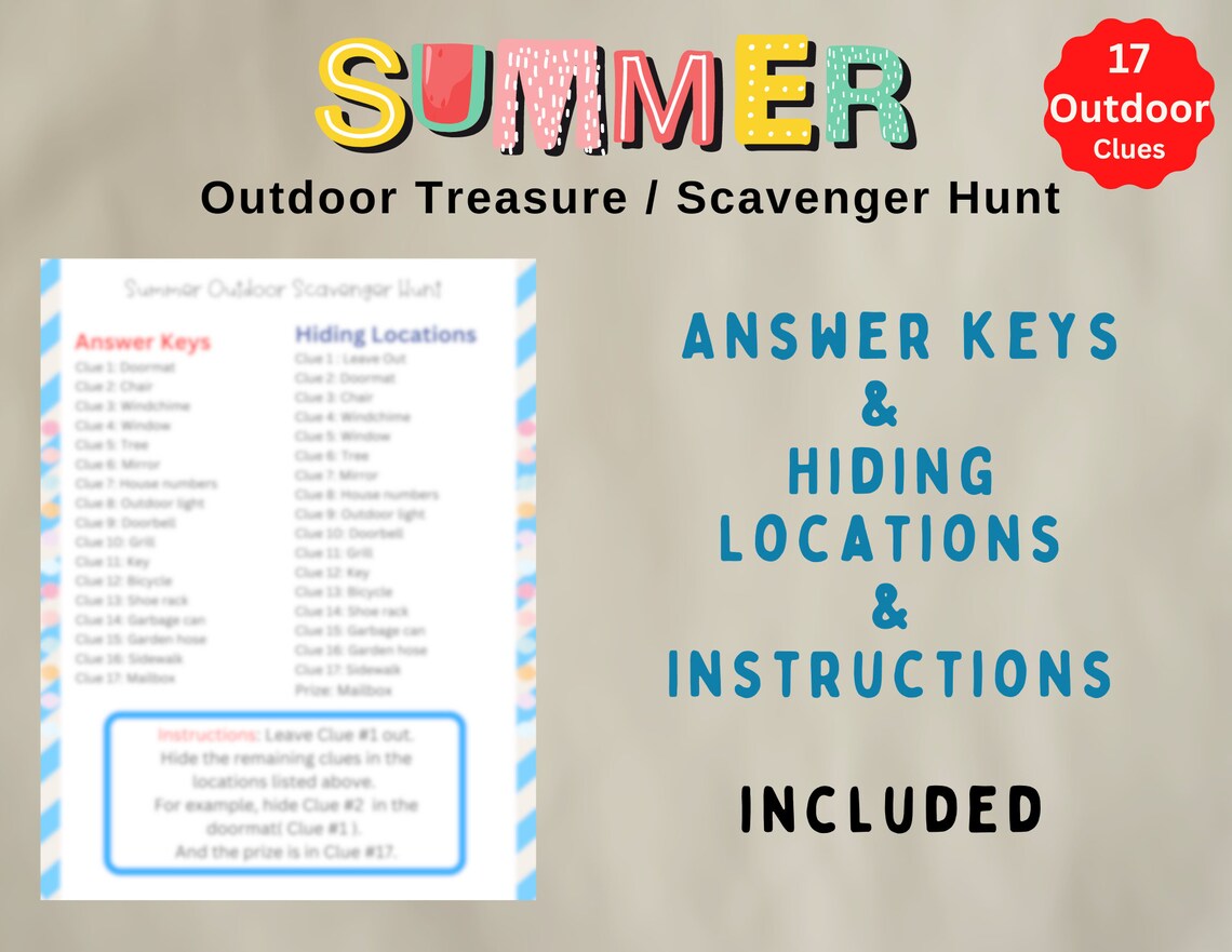 Outdoor Summer Fun Scavenger Treasure Hunt for Kids, Printable Indoor ...