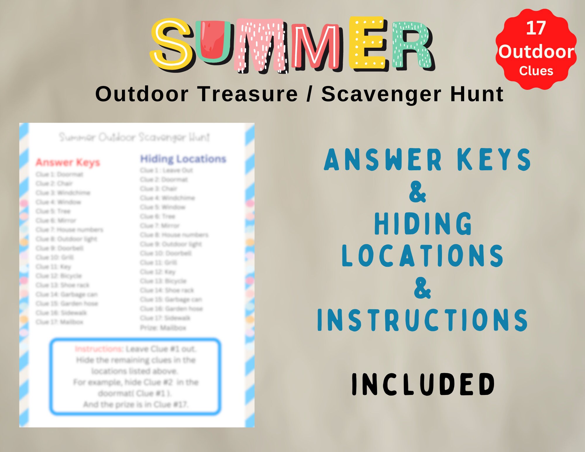 Outdoor Summer Fun Scavenger Treasure Hunt for Kids, Printable Indoor ...