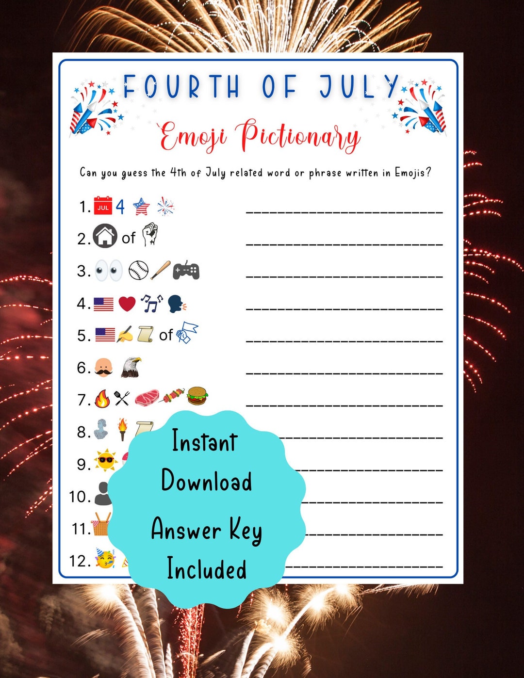 Fourth of July Emoji Pictionary Game: Family Trivia (printable PDF) - Etsy