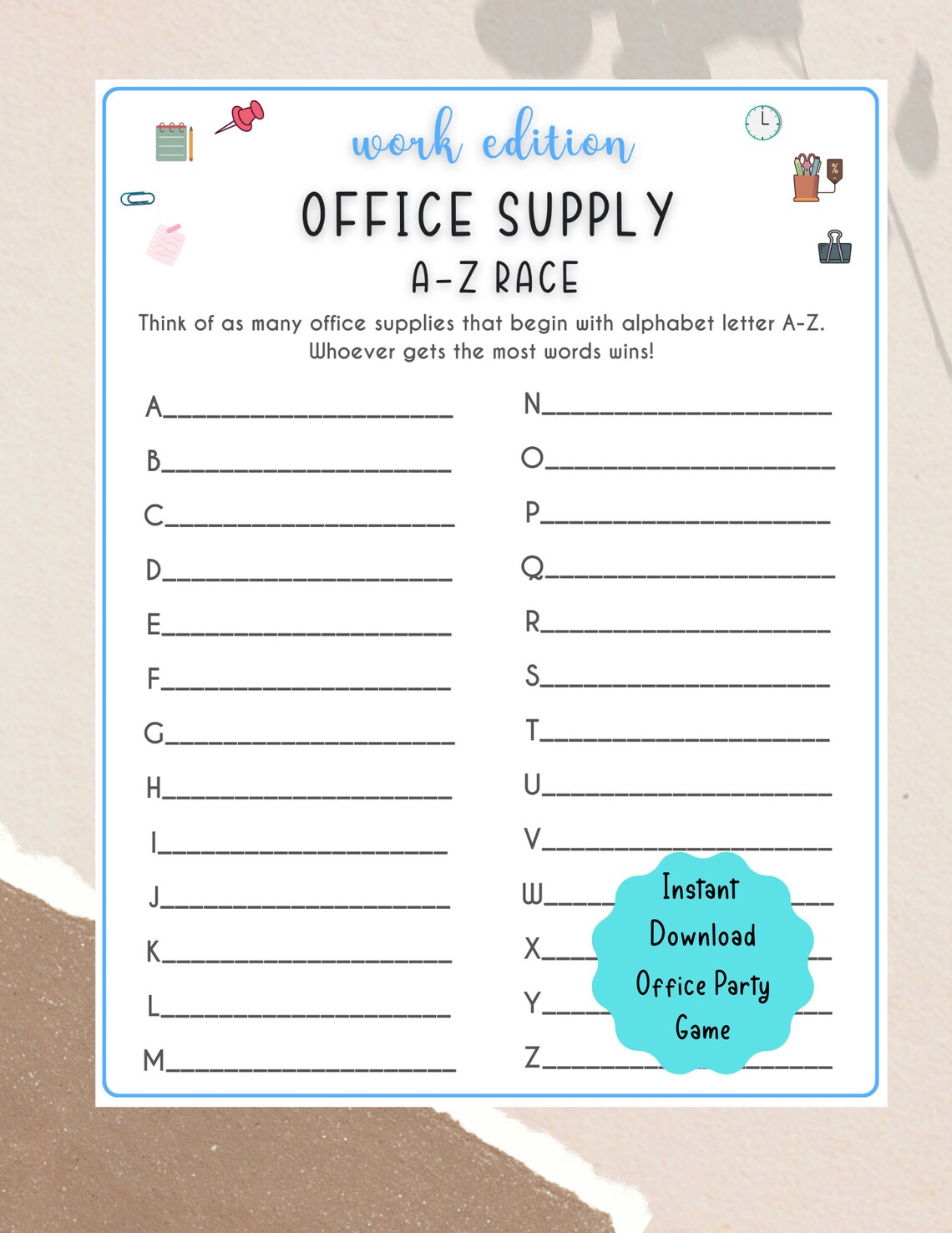 Office Supply A to Z Race Printable Game Office Coworker Staff Game Fun ...