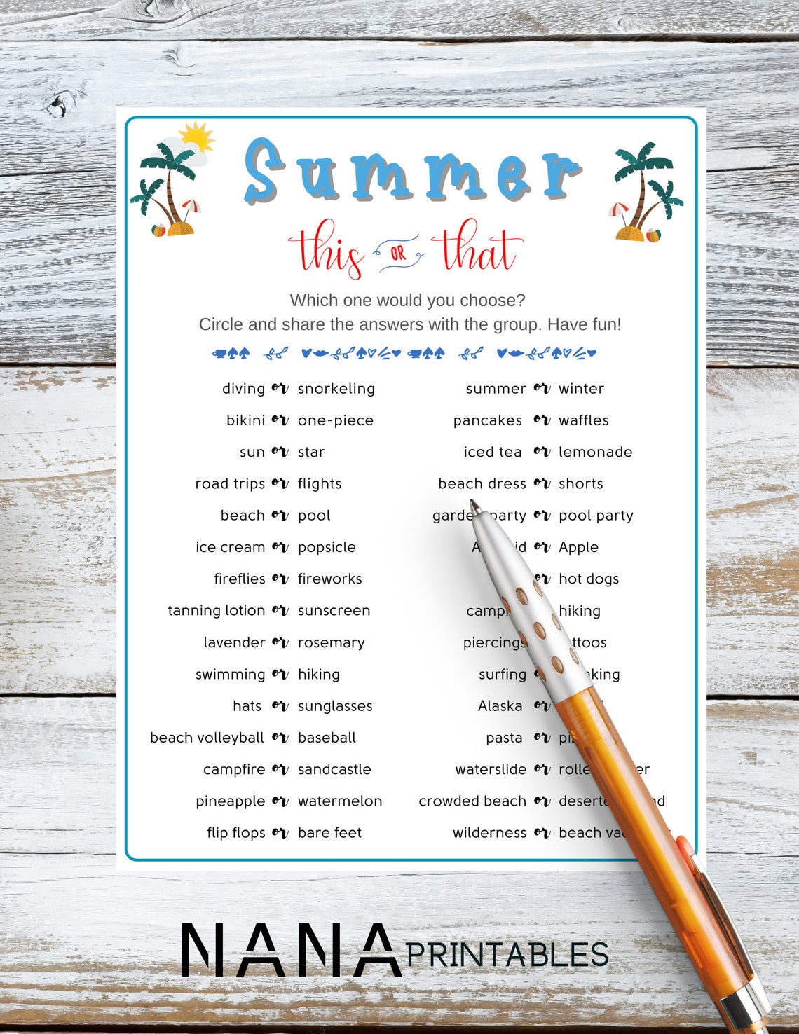 Summer This or That Game Summer Fun Game Summer Party Game Printable ...