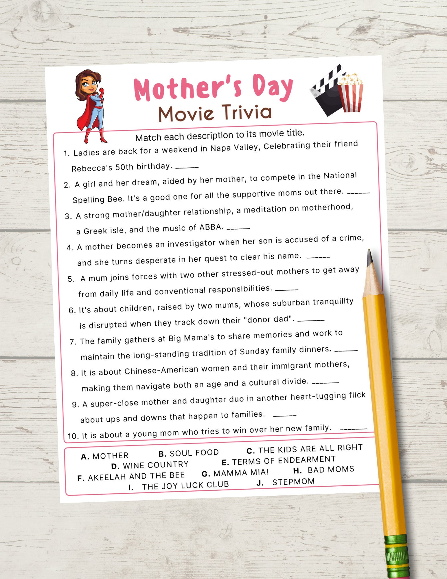Mother's Day Movie Trivia Game Mother's Day Game for Kids & Adults ...