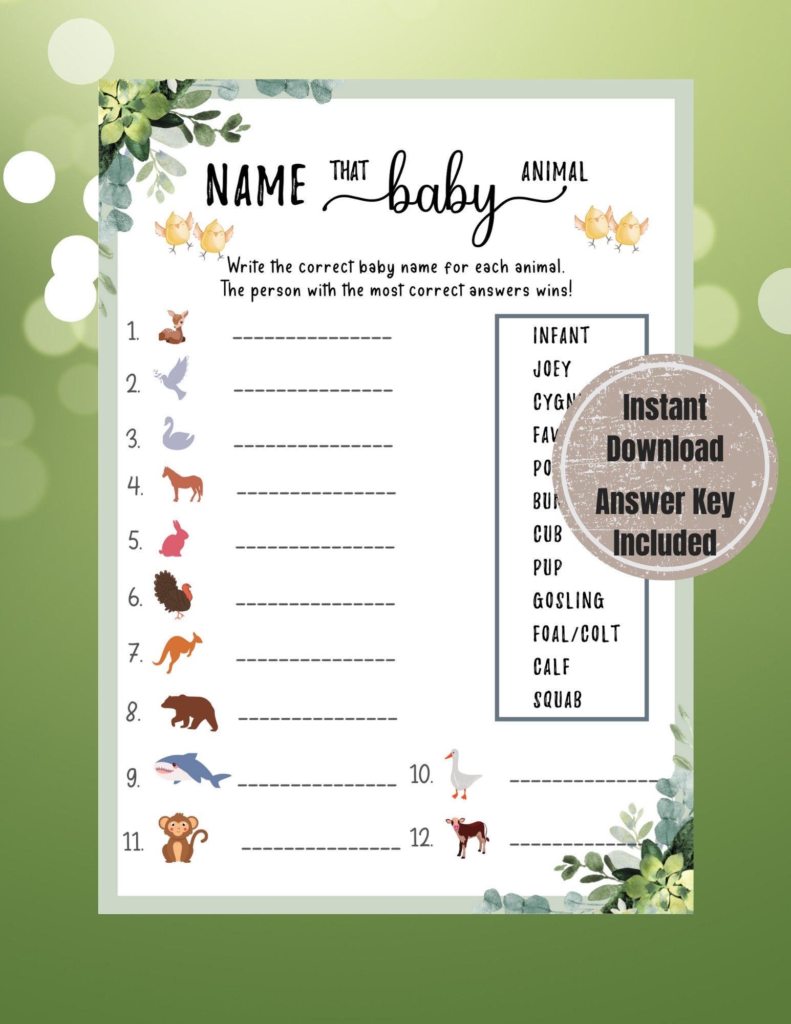 Baby Shower Name That Baby Animal Game Gender Reveal Party Game Baby ...