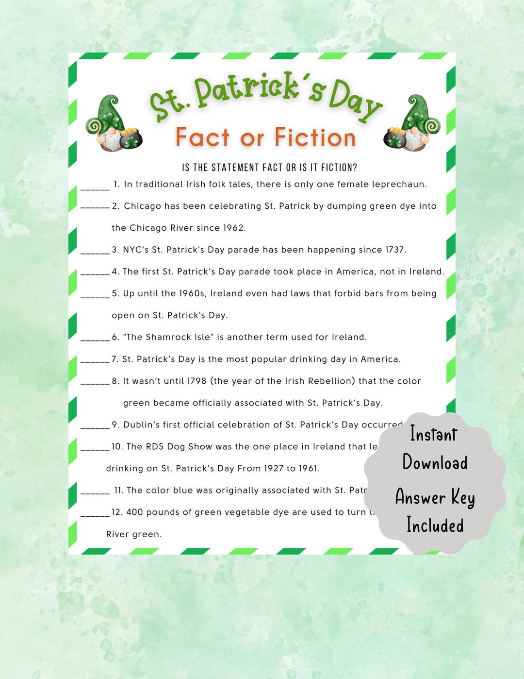St. Patrick's Day Fact or False Game Fun St. Patrick's Game for Kids ...