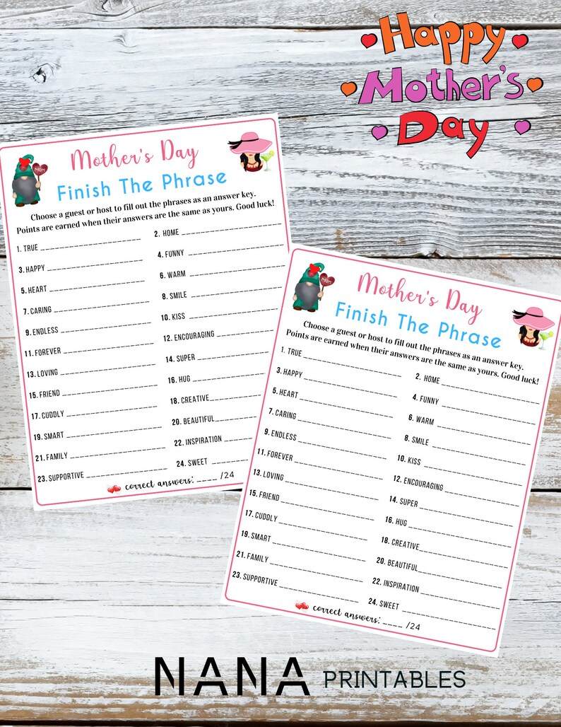 Mother's Day Finish the Phrase Game Mother's Day Game for Kids & Adults ...