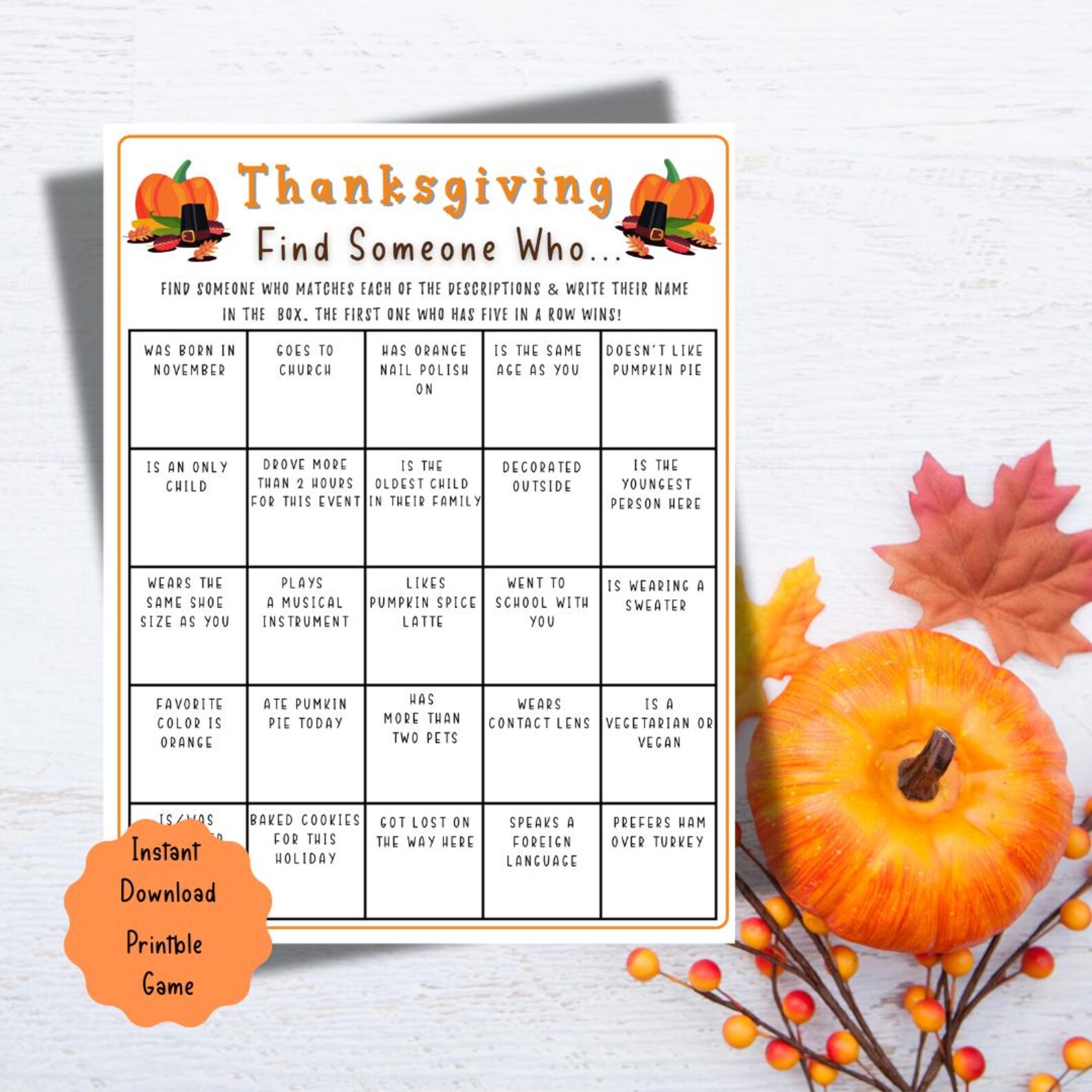 Thanksgiving Find Someone Who Game: Printable Party Activity (PDF ...