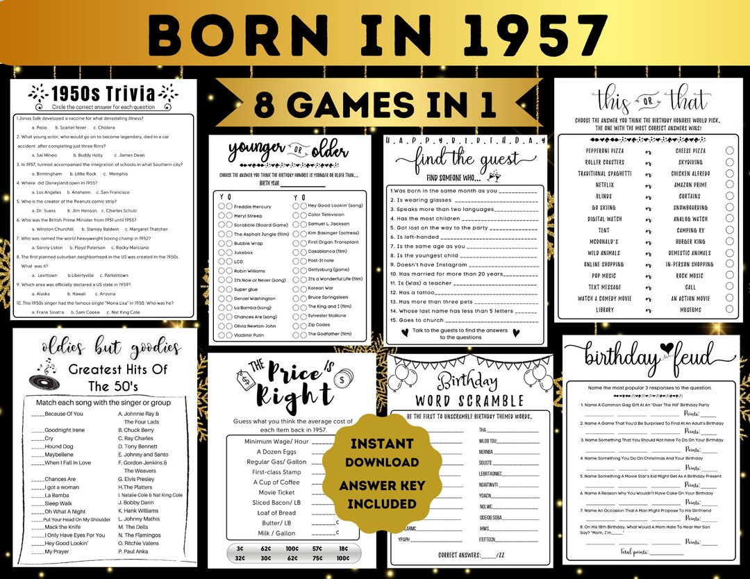 1957 67th Birthday Games Bundle Printable 1957 Games 67th Party ...