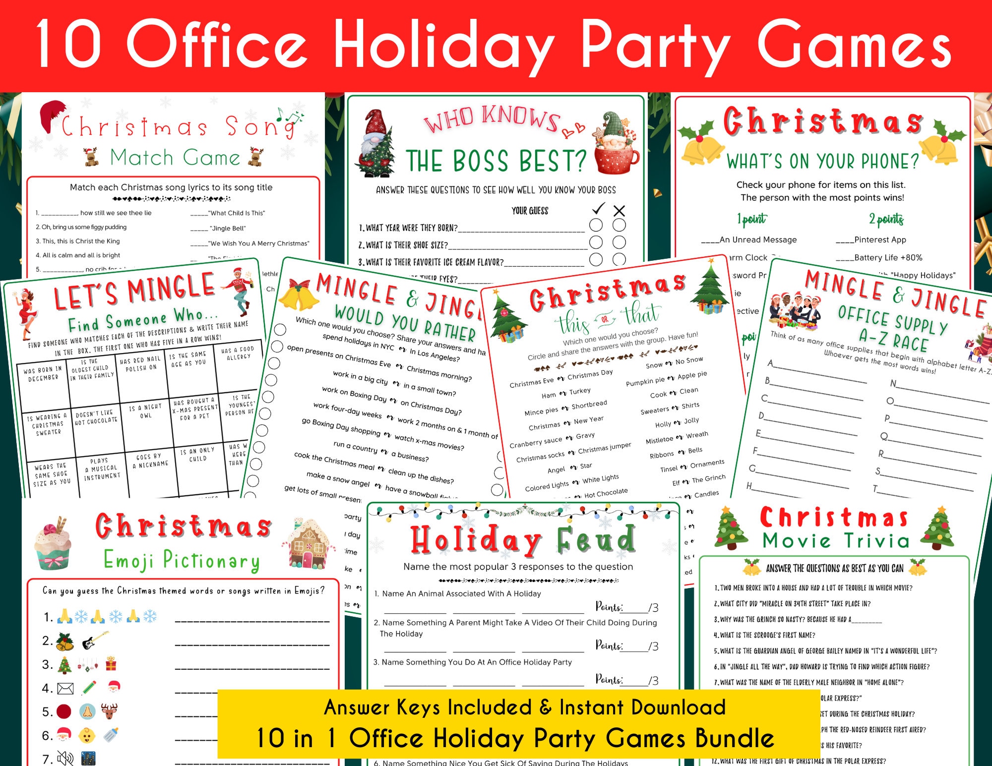 Office Holiday Party 10 Game BUNDLE, Office Christmas Party Printable ...
