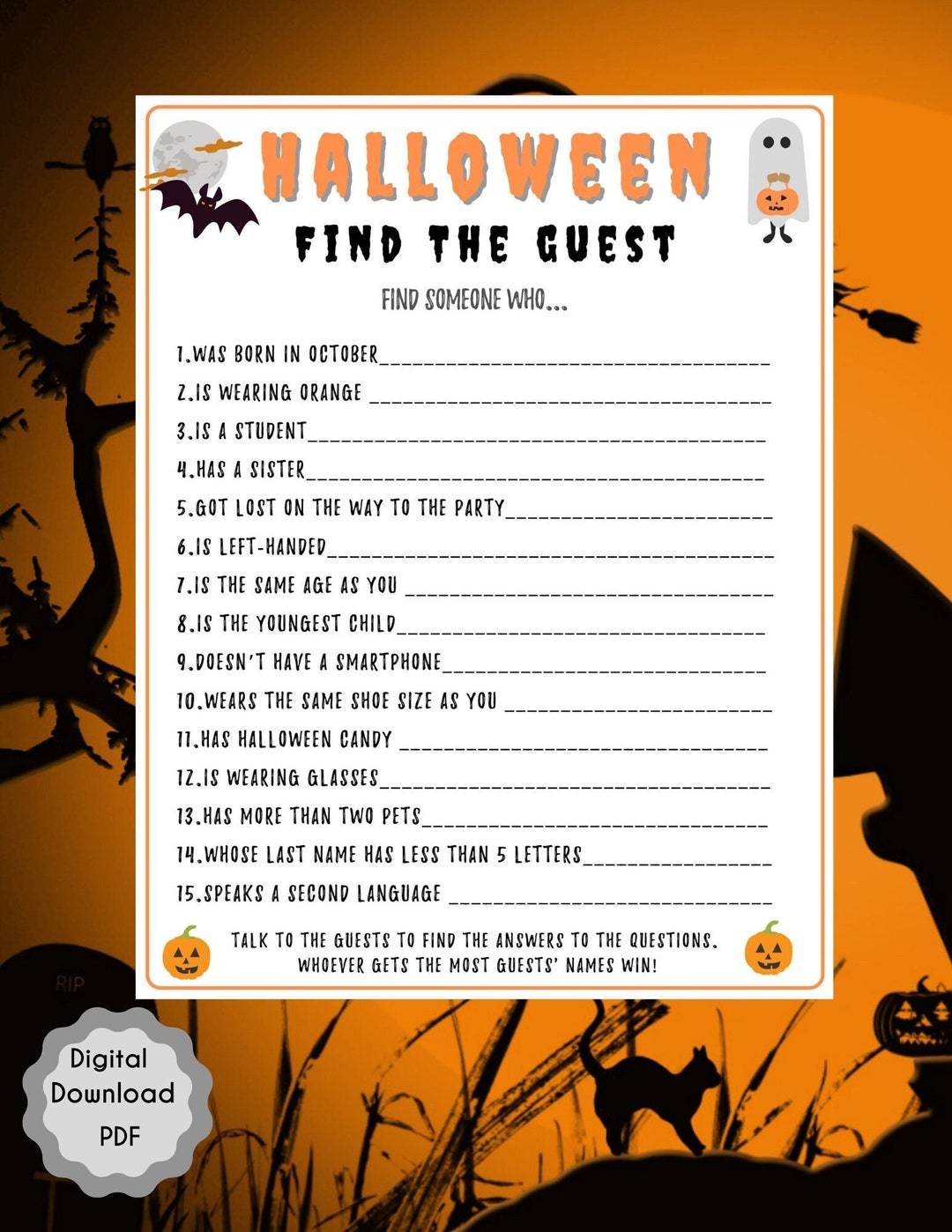 Halloween Find the Guest Game Halloween Games Printable PDF Scary Witch ...