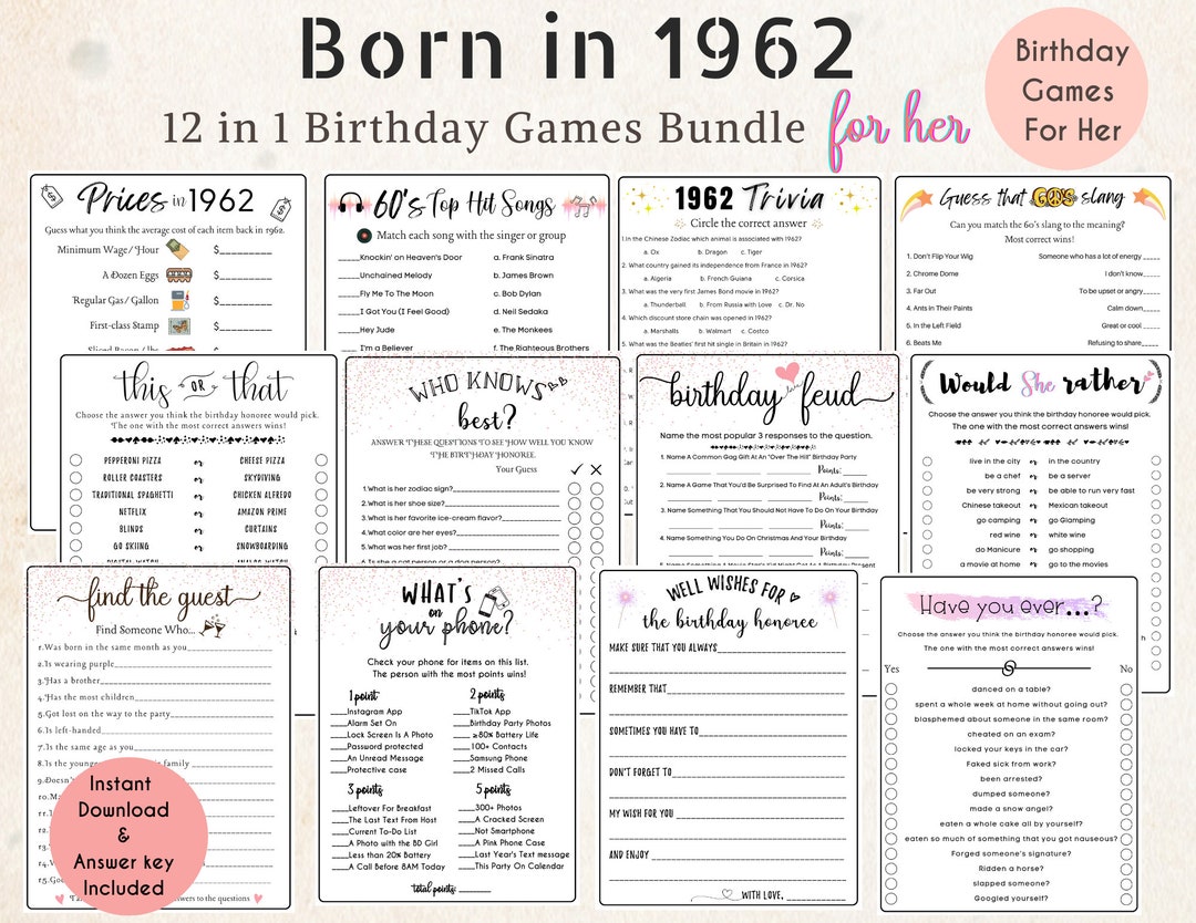62nd Birthday Games Bundle Printable 1962 Games 62nd Party Activities ...