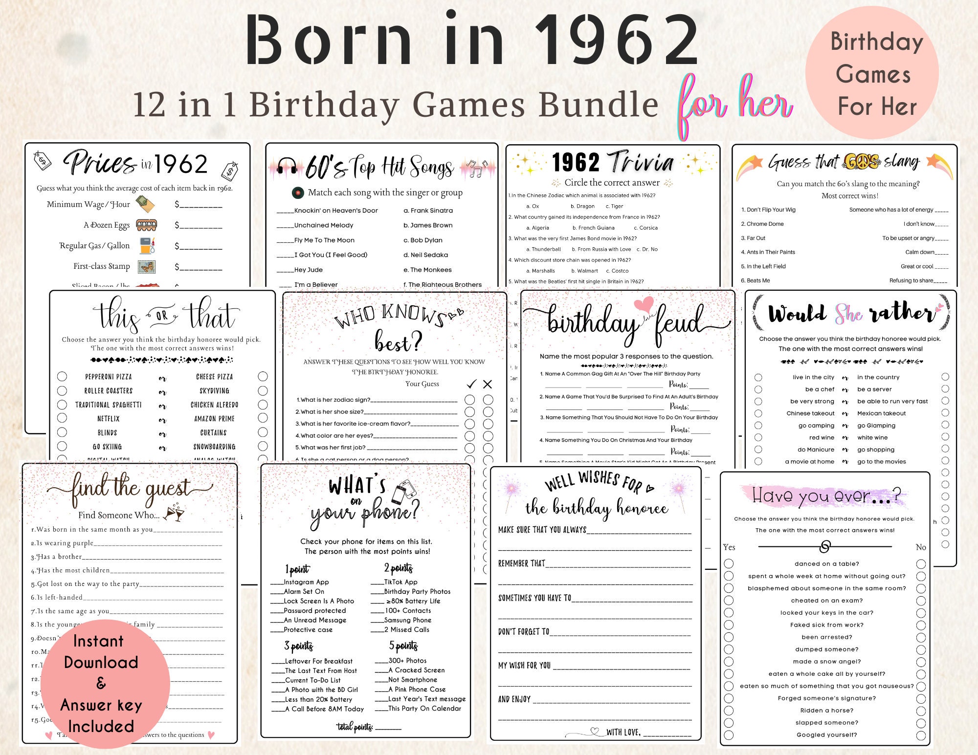 62nd Birthday Games Bundle Printable 1962 Games 62nd Party Activities ...