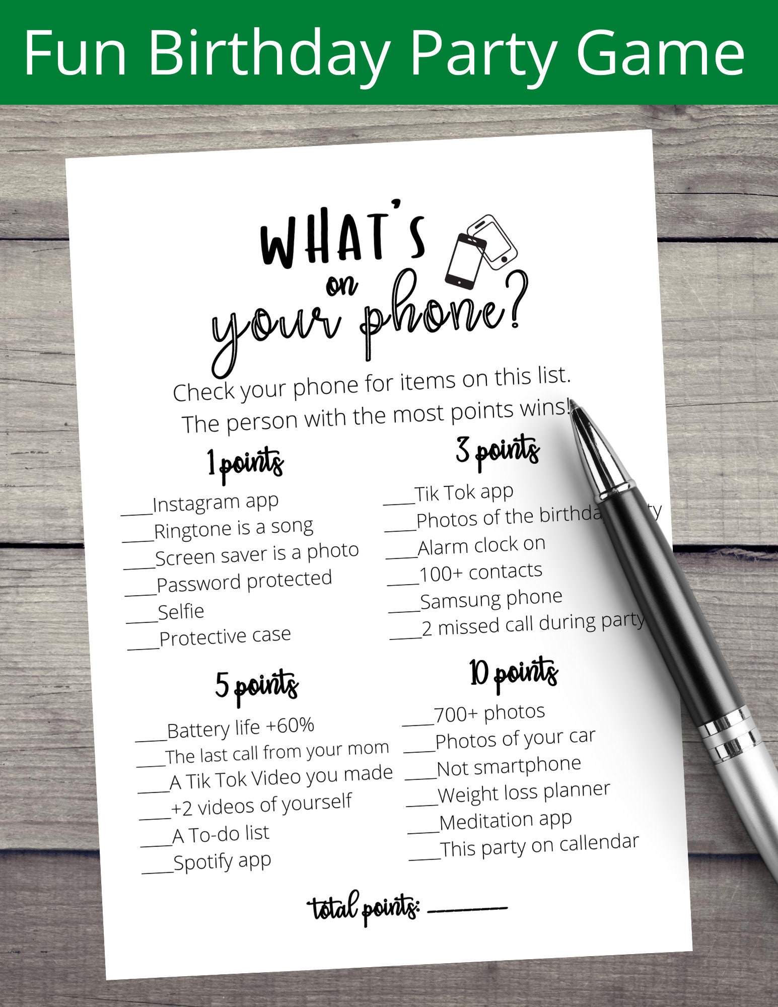 Adult Birthday Party Games, What's on Your Phone Birthday Game, 20th ...