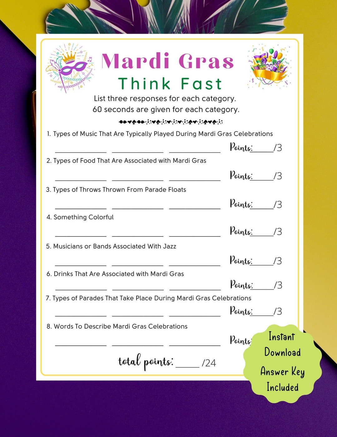 Mardi Gras Think Fast Game: Printable Party Activity (digital Download ...