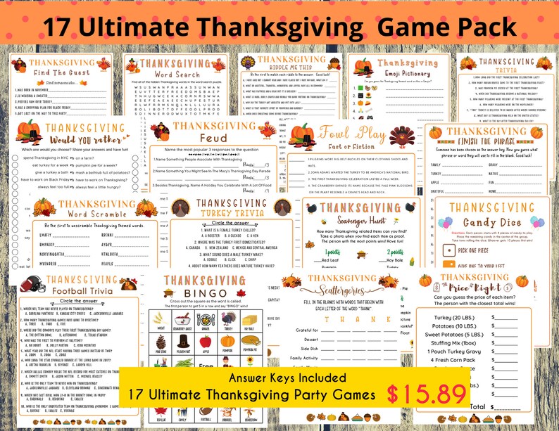 5 Thanksgiving Game Bundle Vol.2thanksgiving Printable Games - Etsy