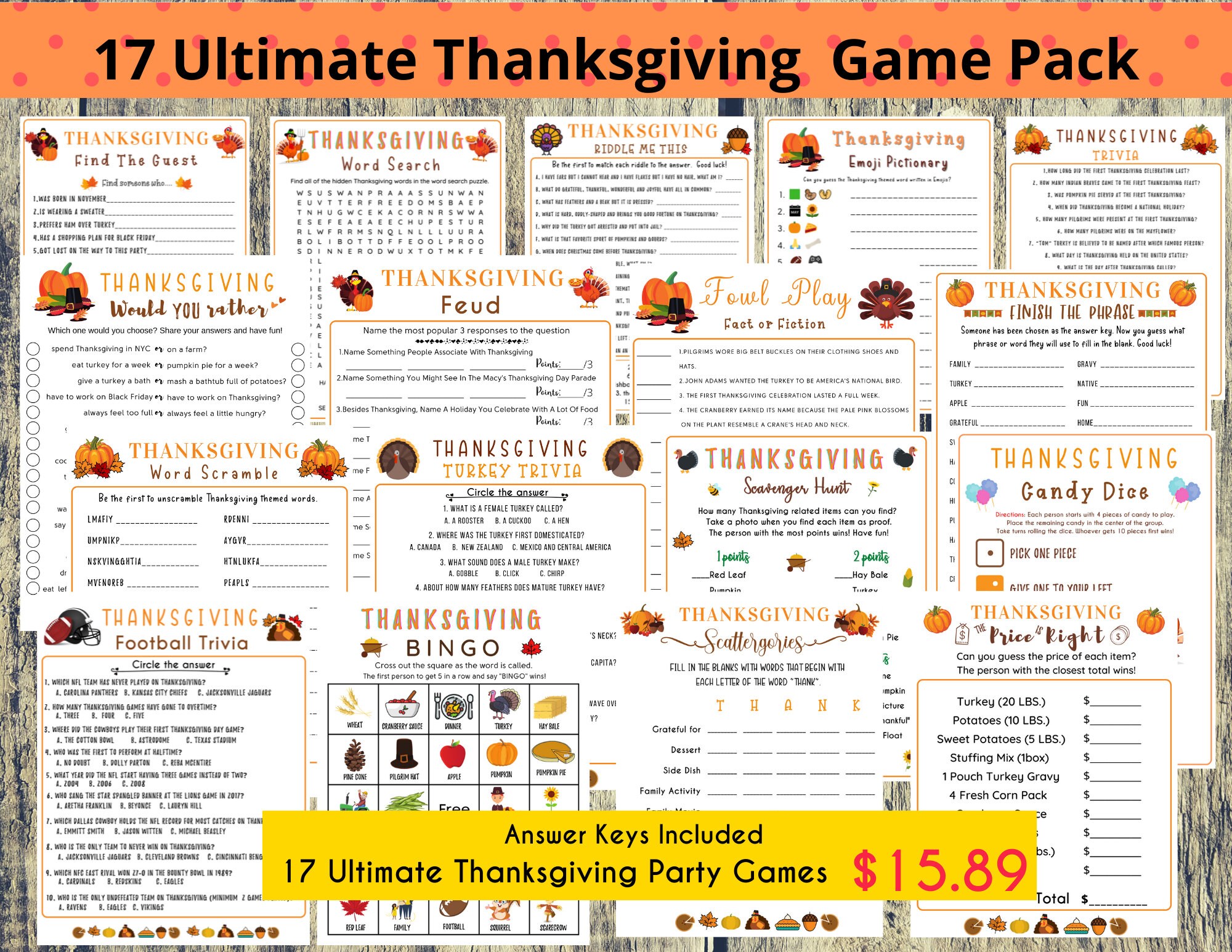 5 Thanksgiving Game Bundle Vol.1 Thanksgiving Printable - Etsy