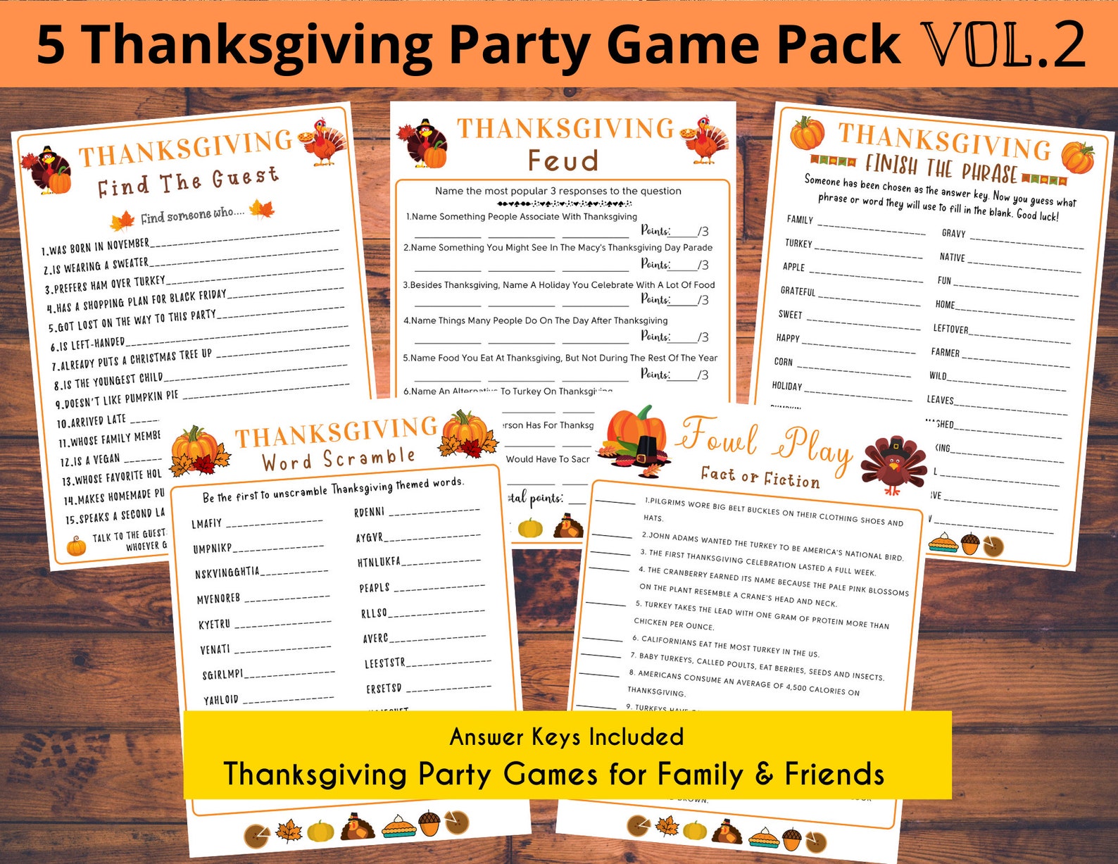 5 Thanksgiving Game Bundle Vol.2,thanksgiving Printable Games ...