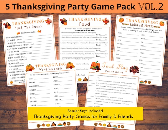 5 Thanksgiving Game Bundle Vol.2thanksgiving Printable Games - Etsy