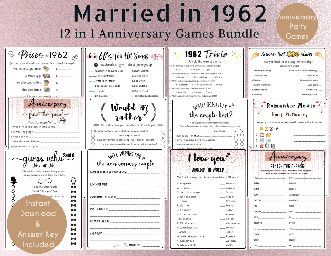 1962 62nd Anniversary Games Bundle Printable 1962 Anniversary Couple ...