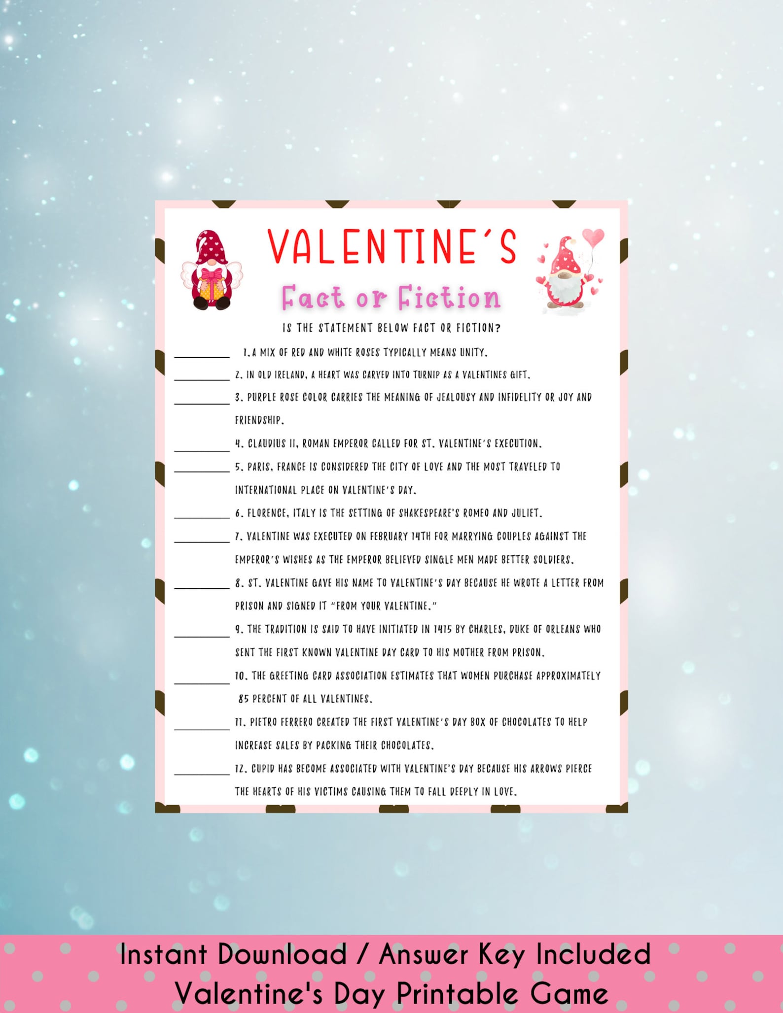 Valentine's Day Fact or Fiction Game: Fun Printable Quiz (PDF) - Etsy