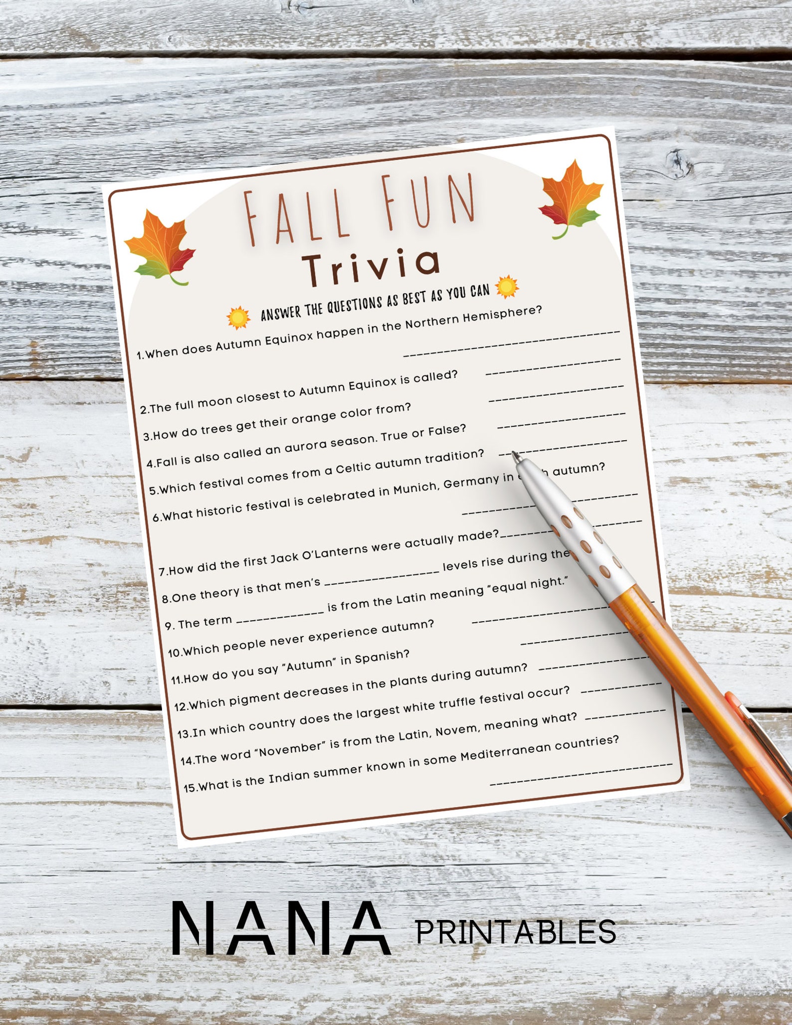 Fall Fun Trivia Game Autumn Days Trivia Quiz Fall Fun Game Family ...
