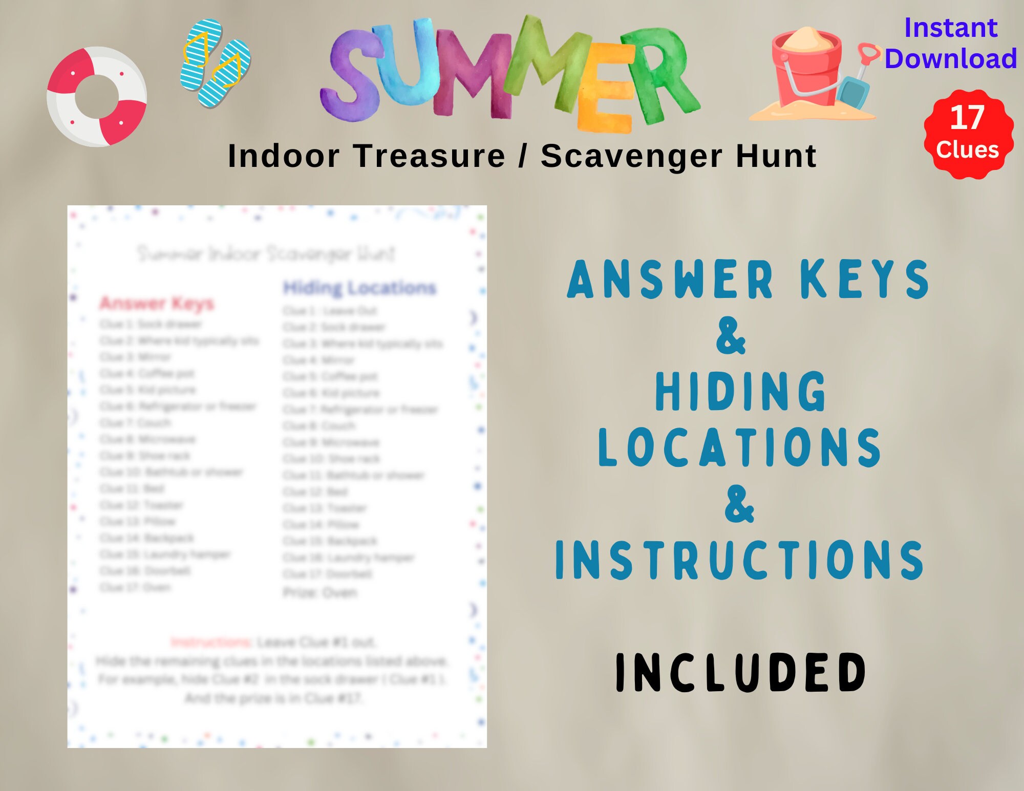 Indoor Summer Fun Scavenger Treasure Hunt for Kids, Indoor Scavenger ...