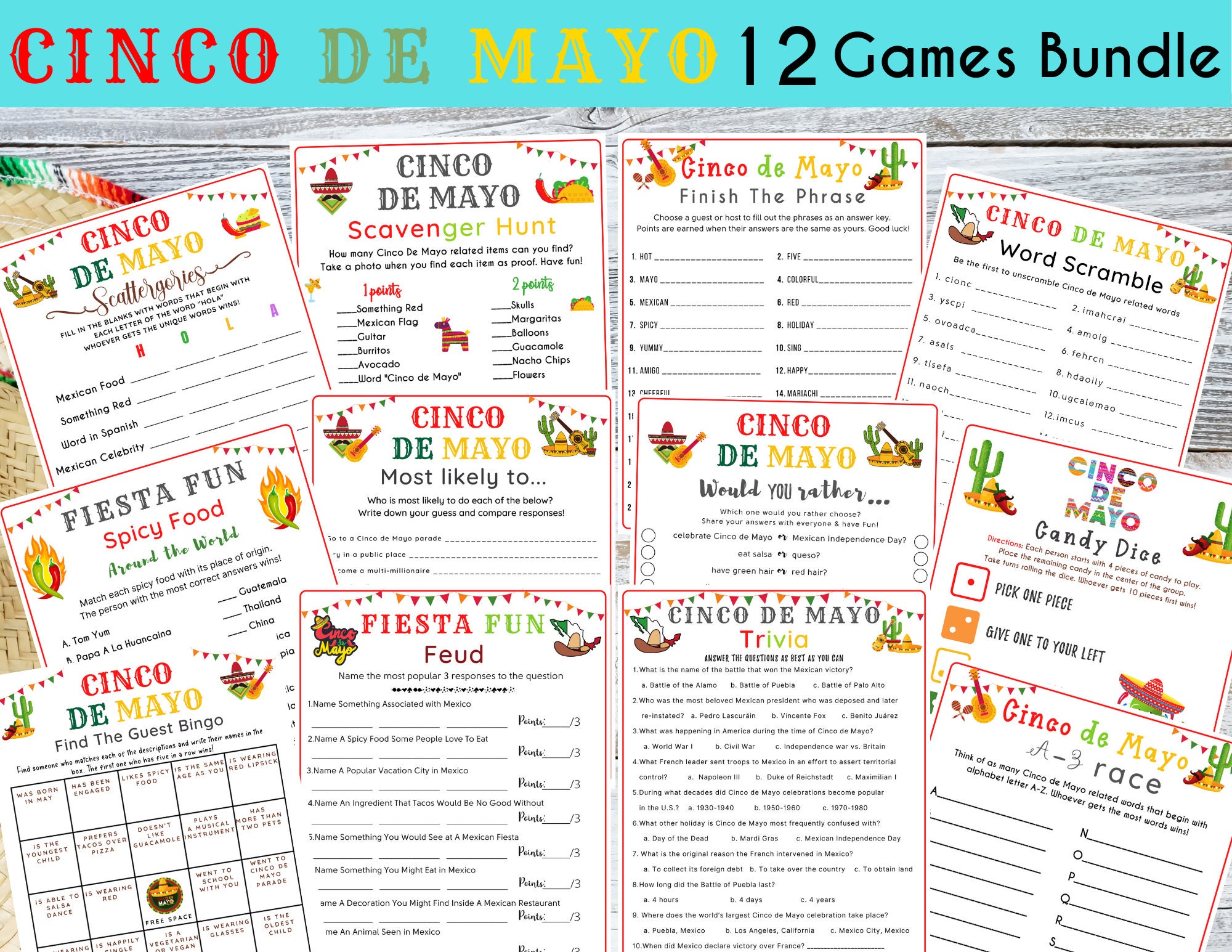 12 Cinco De Mayo Games Bundle L Fun Printable Games Mexican Fiesta ...