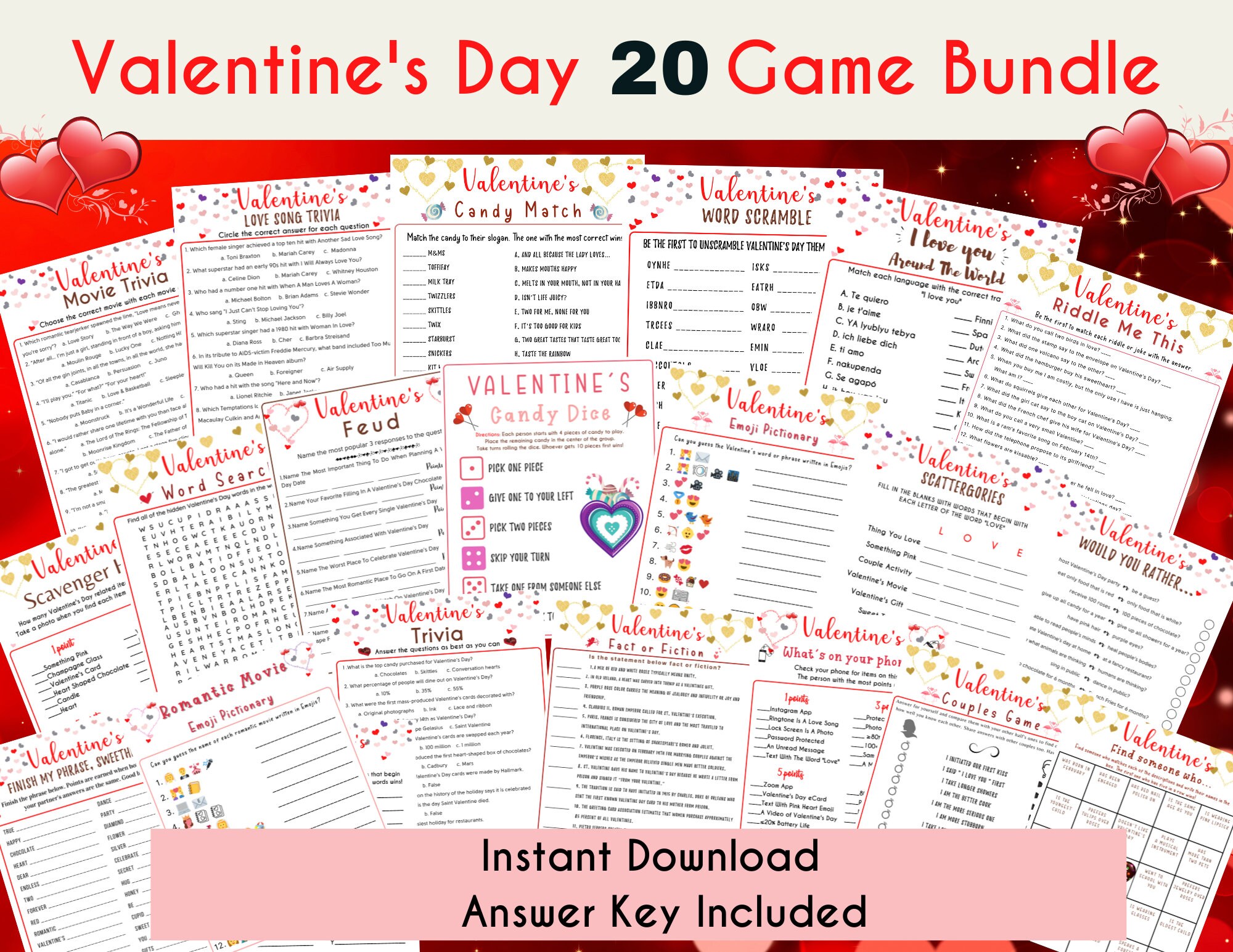 20 Valentines Day Printable Game Bundle Fun Valentines Party - Etsy