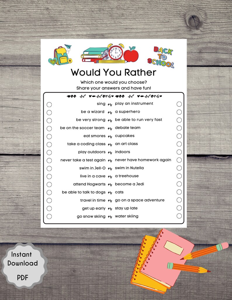 Back to School Would You Rather Game Classroom Activity Game for Kids ...