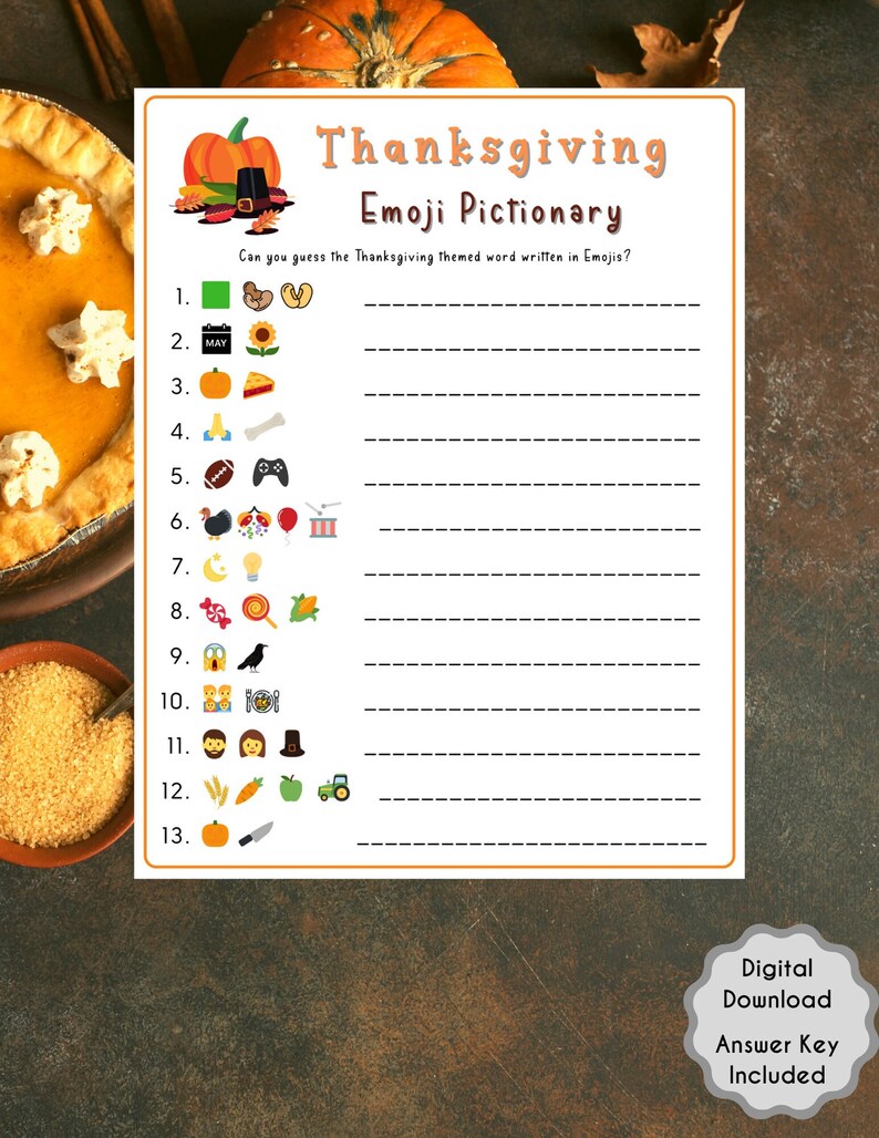 Thanksgiving Emoji Pictionary Game, Turkey Day, Printable Game ...