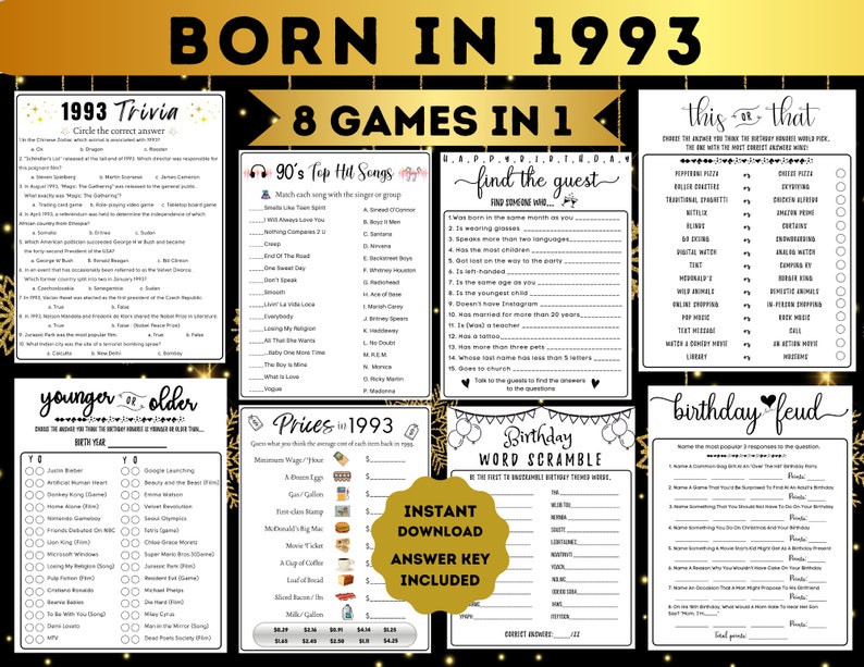 32nd Birthday Games Bundle: 1993 Trivia, Printable Party Games (digital ...