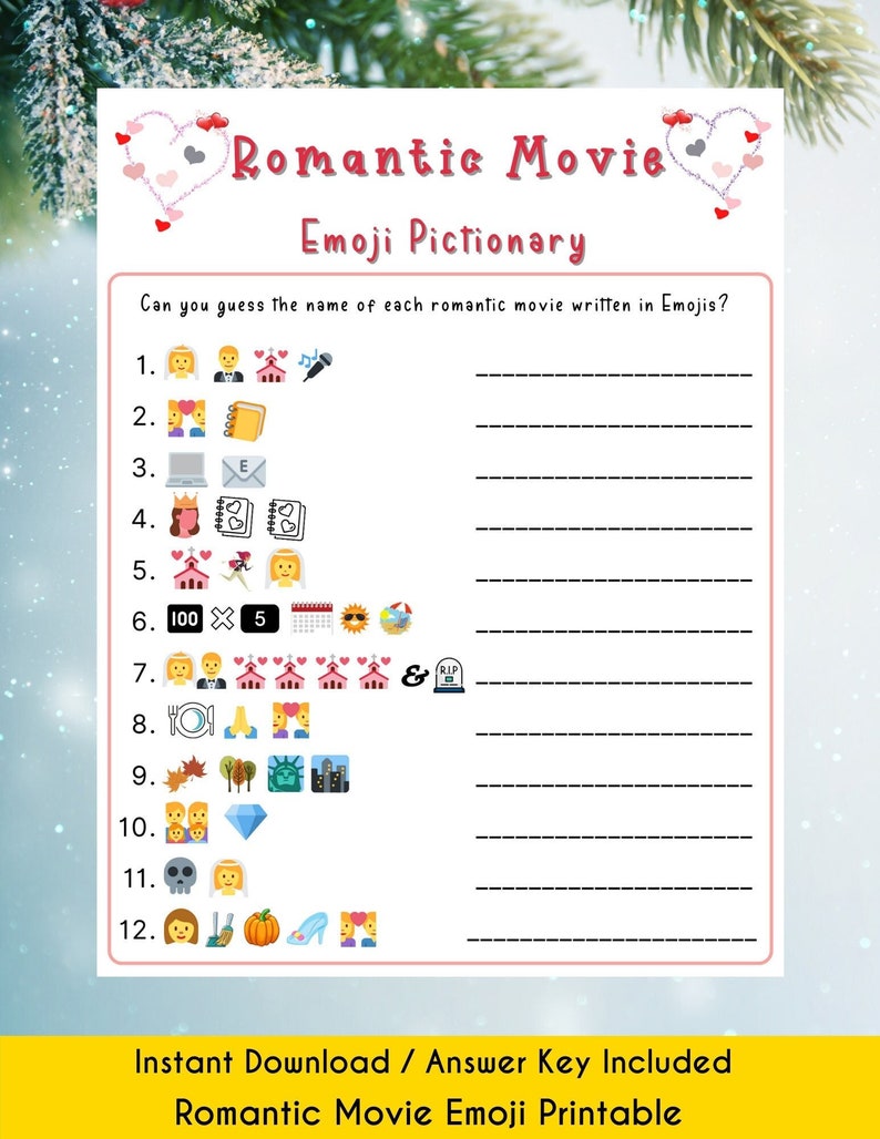 Romantic Movie Emoji Game | Bridal Shower Activity |printable Game ...