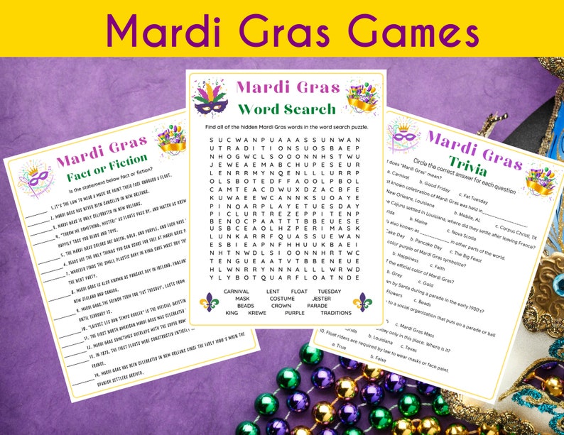 Mardi Gras Games Pack Mardi Gras Printable Game for Kids & Adults Fun ...