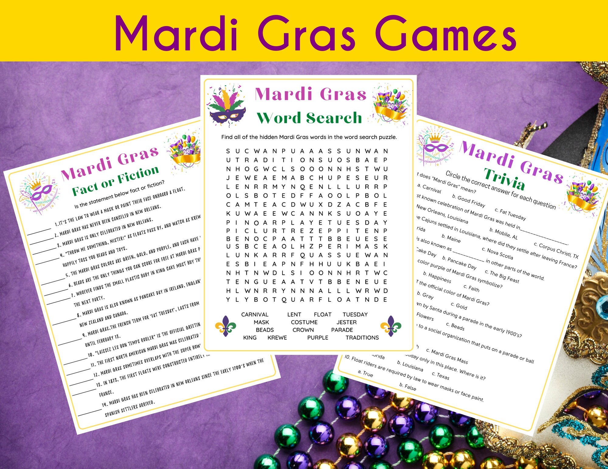Mardi Gras Games Pack Mardi Gras Printable Game for Kids & Adults Fun ...
