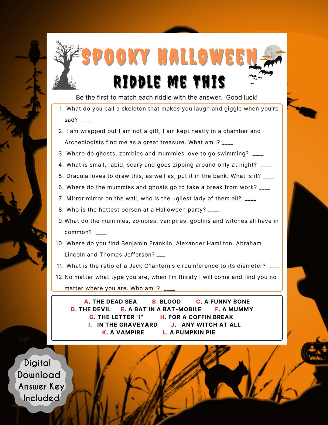 Halloween Riddle Me This Trivia Game Fun Halloween Game Printable Scary ...