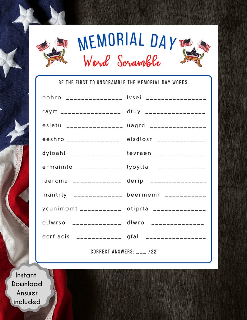 Memorial Day Word Scramble Game Game for Kids & Adults Memorial Day ...